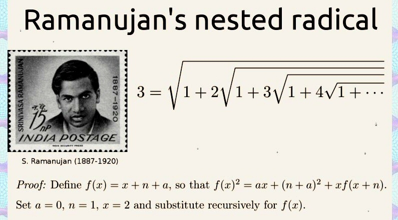 Cliff Pickover on Twitter: "Mathematics. Ramanujan's Nested Radical. Infinity, beauty, and ...