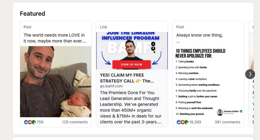 The featured posts section on LinkedIn allows you to talk about what ...