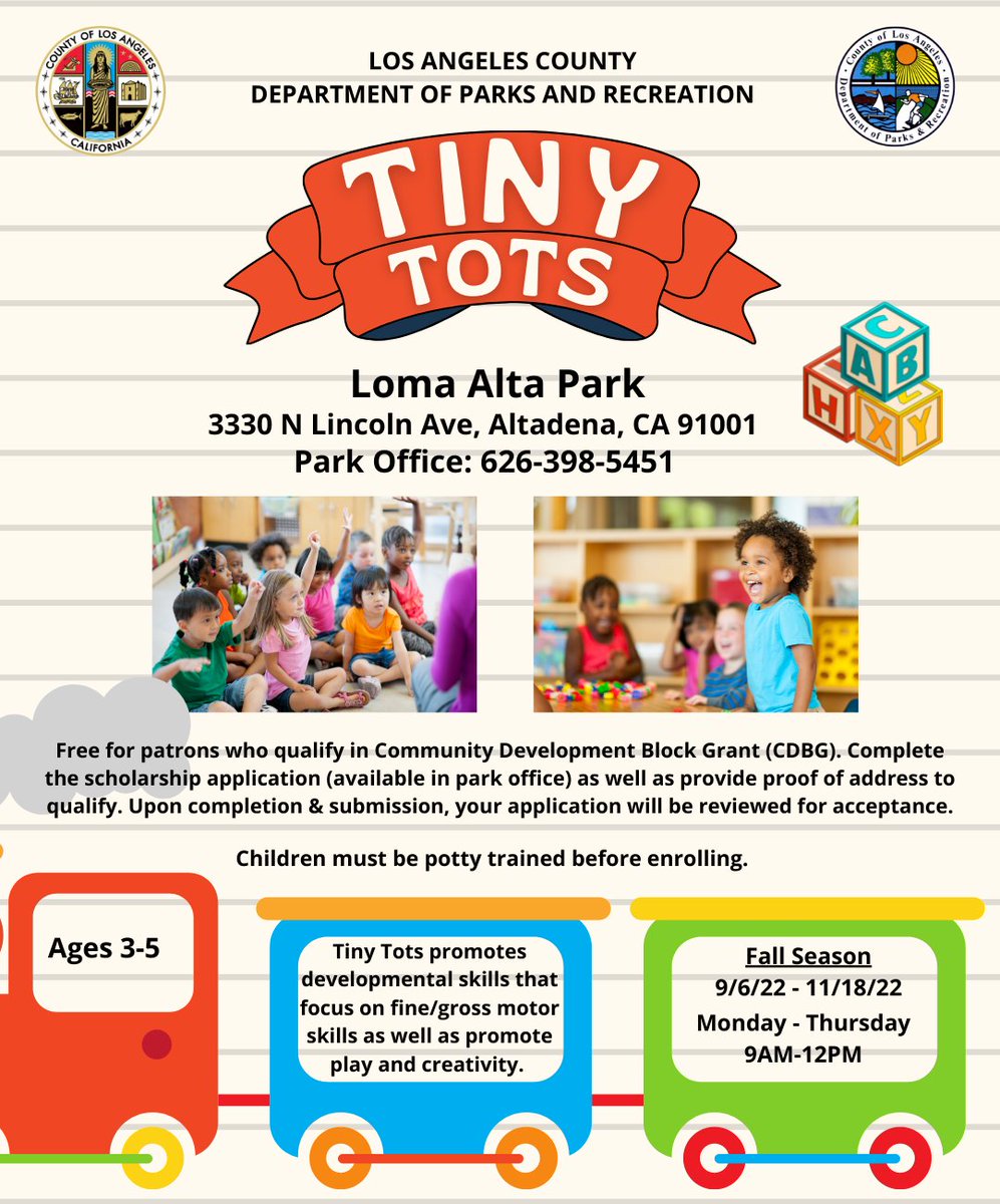 Los Angeles County Parks & Recreation on Twitter: "Sign up your little ones for Tiny Tots coming ...