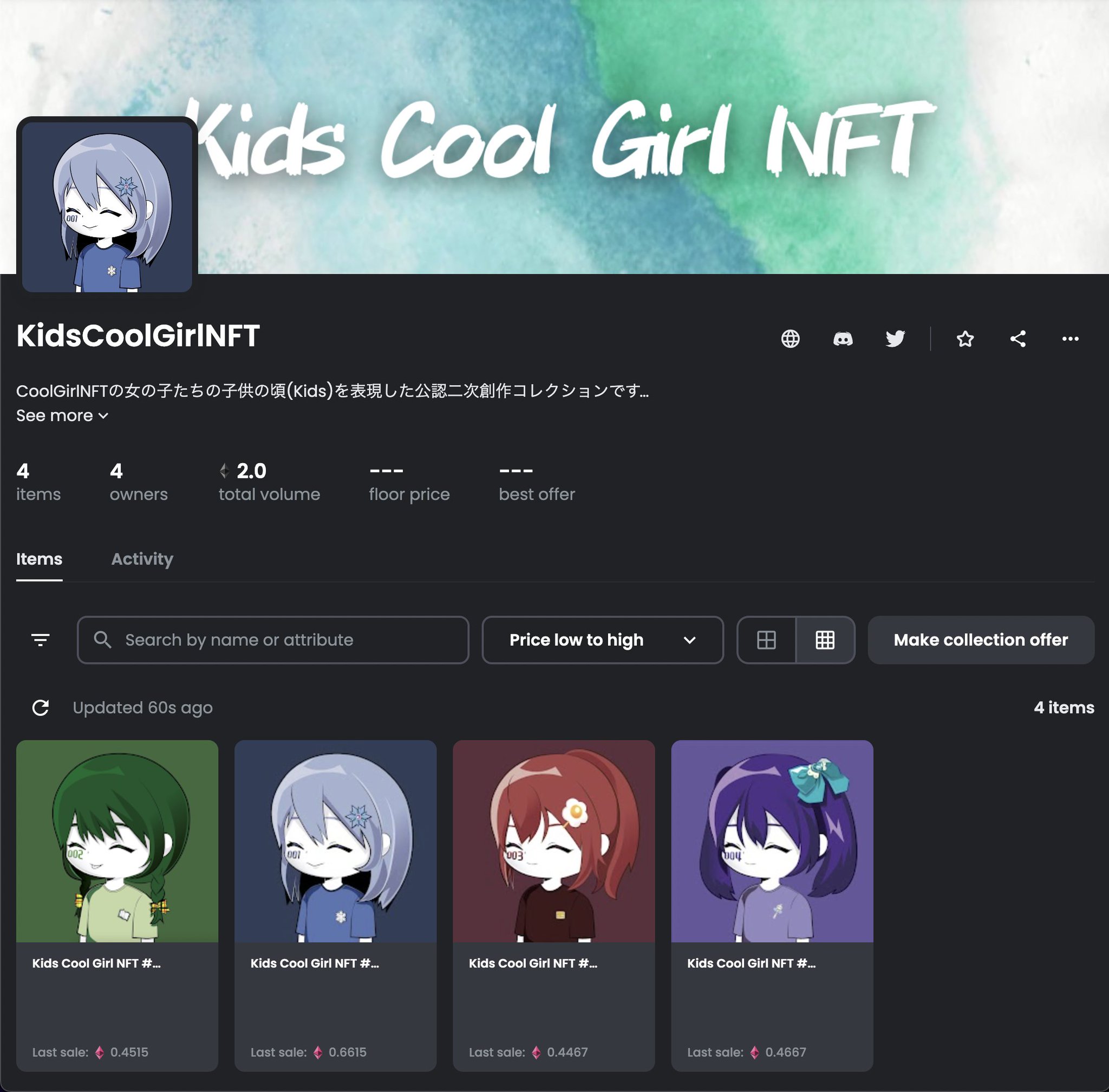 ぽんたまる@KidsCoolGirlNFT(KCGN👧) on Twitter: "昨日のオークションを経て、 Kids Cool Girl NFT、Total Volume 2ETHを超え ...