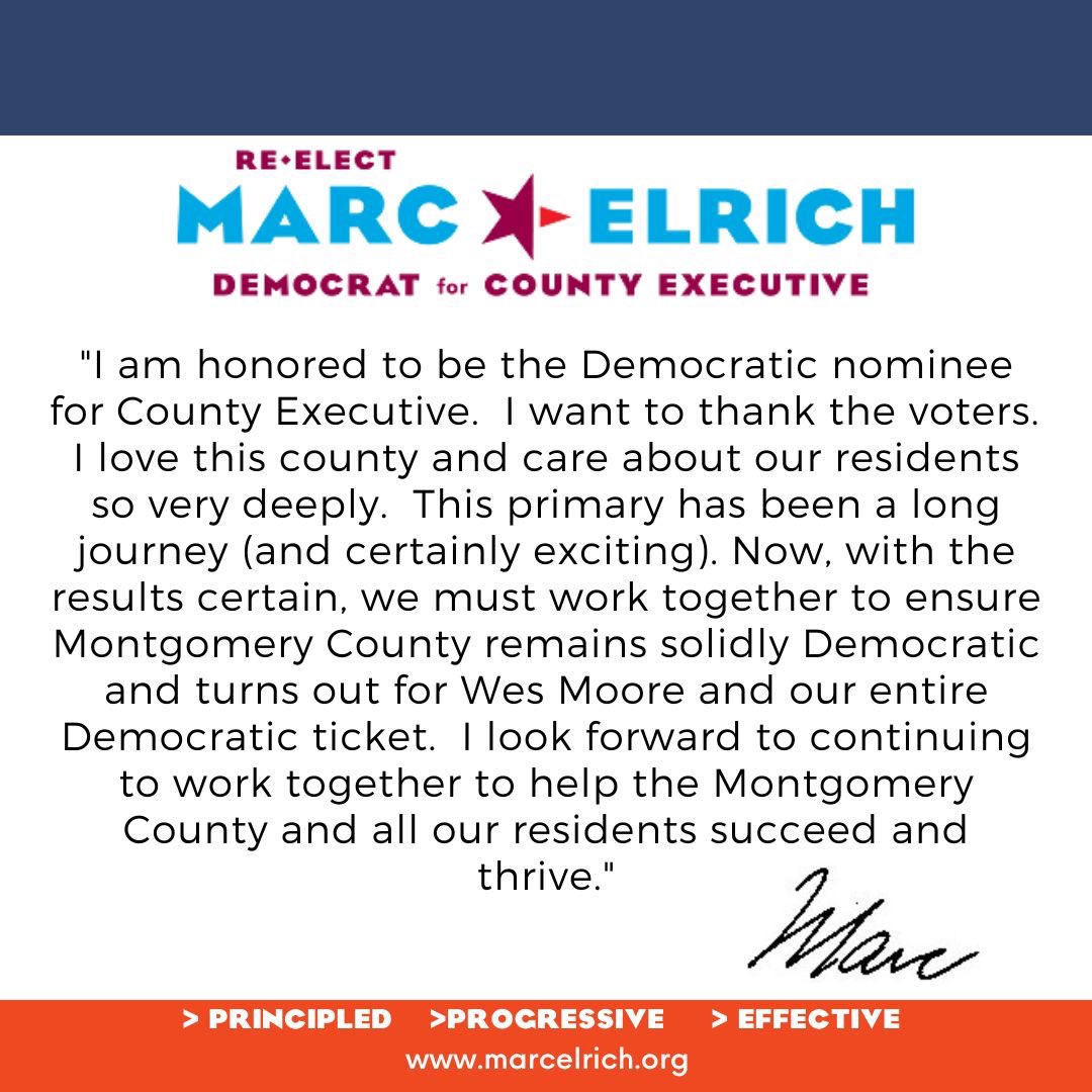 Marc Elrich on Twitter: "I am honored to be the Democratic nominee for County Executive. I want ...