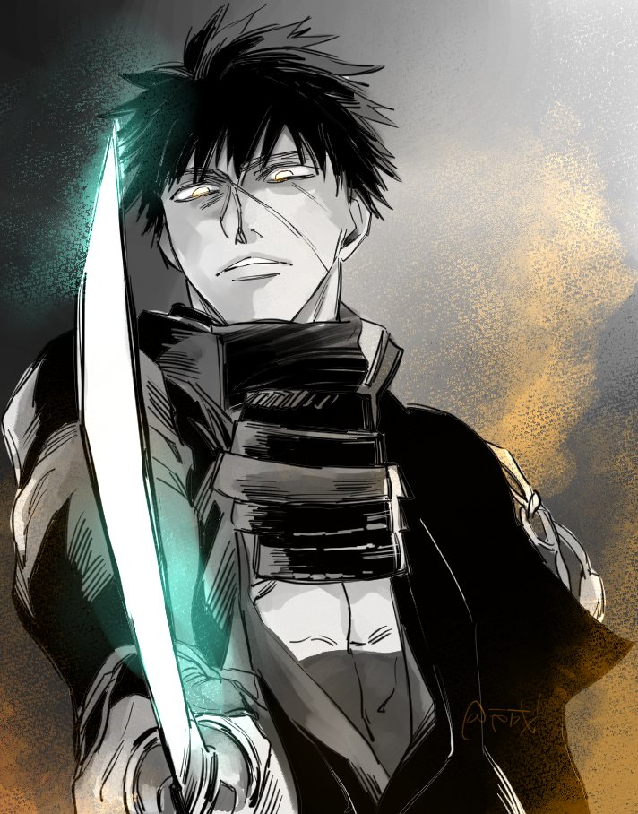 1boy male focus weapon sword scar solo yellow eyes illustration images