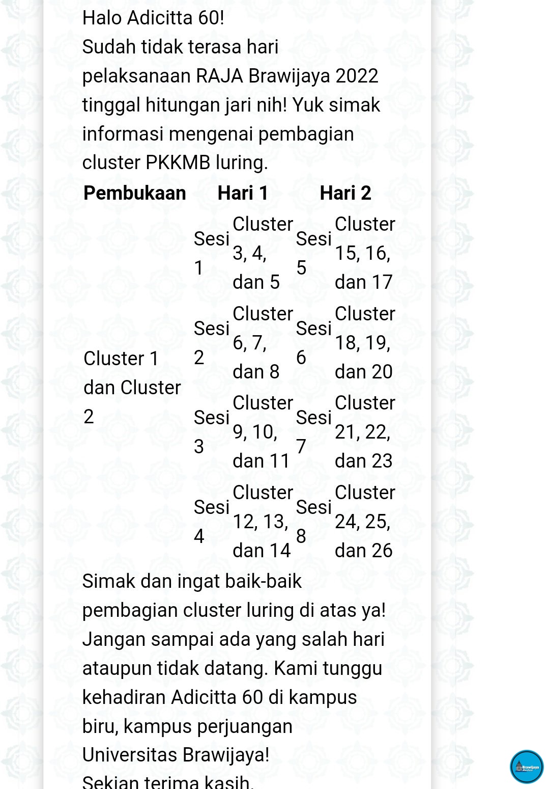 ON | DILARANG JUALAN on Twitter: "braw! berarti yang cluster 27,28,.... ospek daring kah? https ...