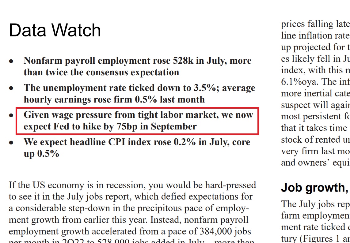 박톰GO on Twitter: "주말에 나온거긴 한데... JP모건, "최근 타이트한 고용시장발 임금인상 압력을 감안하여, 당사는 연준이 9월달에 75bp 인상을 단행할 ...