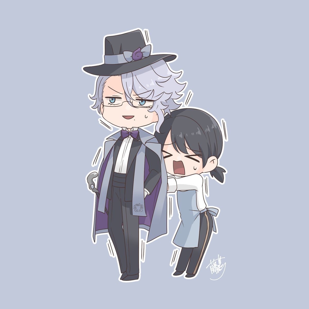 cane 1boy black hair hat mole under mouth chibi glasses illustration images