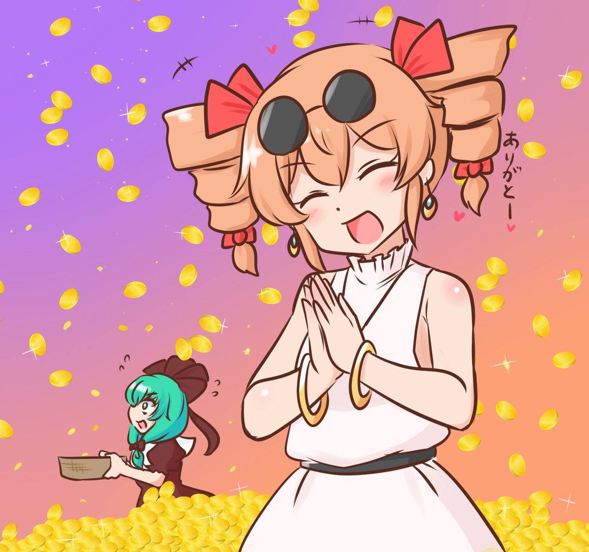 鍵山雛 ,依神女苑 「ぴえ…女苑ちゃんのゲームDLsite版が販売1000本超えてましたおありがとうご」|いすぃのイラスト