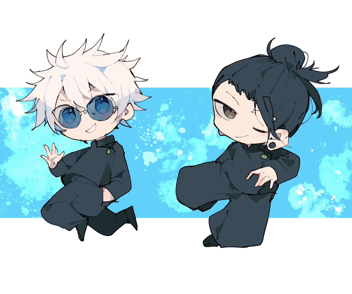 getou suguru ,gojou satoru chibi black hair smile white hair multiple ...