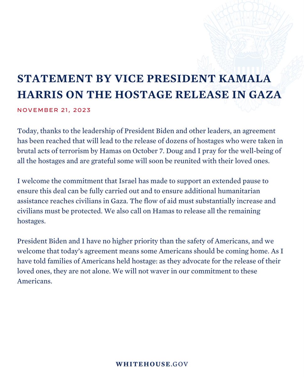 Statement of VP Harris on the Hostage Release in Gaza - Democratic ...