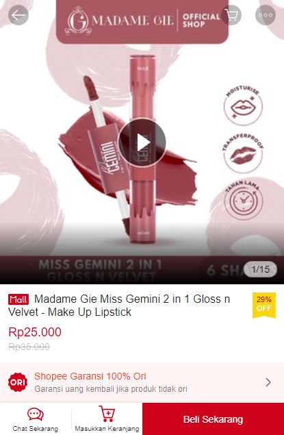 Racun Shopee Haul on Twitter: " Madame Gie Miss Gemini 2 in 1 Gloss n Velvet - Make Up Lipstick ...