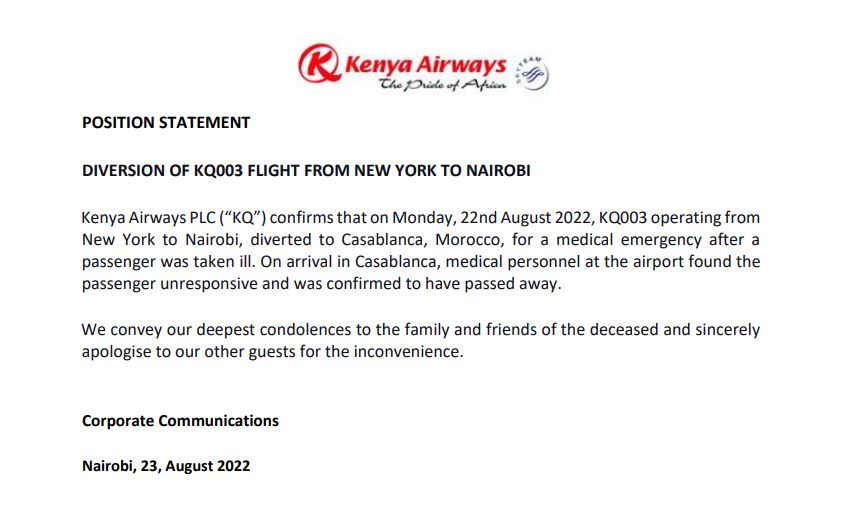 Kenya Airways on Twitter: "STATEMENT: Diversion of KQ003 Flight From New York to Nairobi https ...