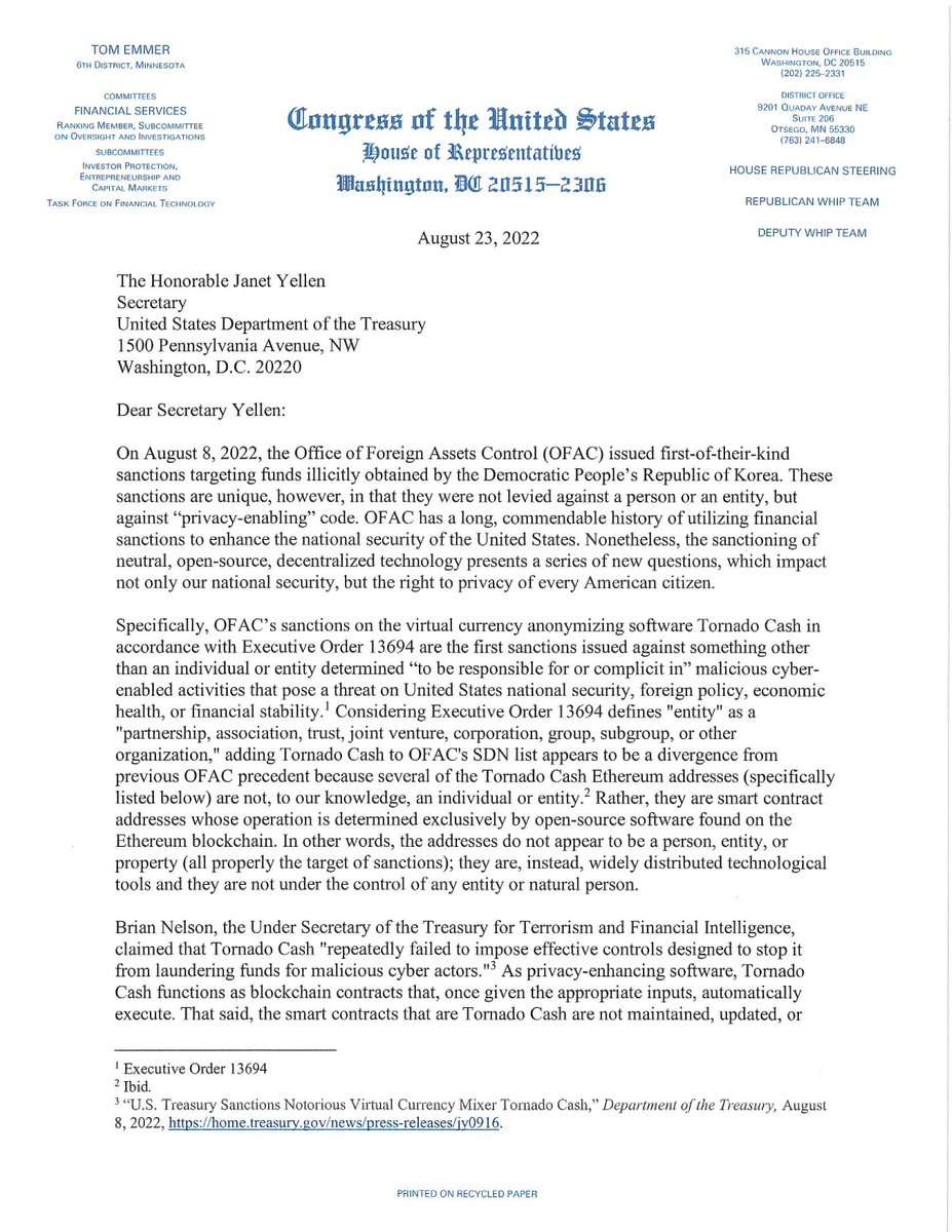 US Congressman Tom Emmer defends Tornado Cash against OFAC sanctions US Congressman Tom Emmer defends Tornado Cash against OFAC sanctions