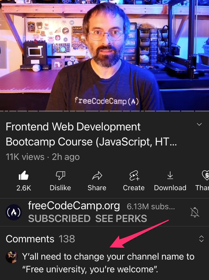Quincy Larson on Twitter: "Comment on today's freeCodeCamp video course 😊 https://t.co ...
