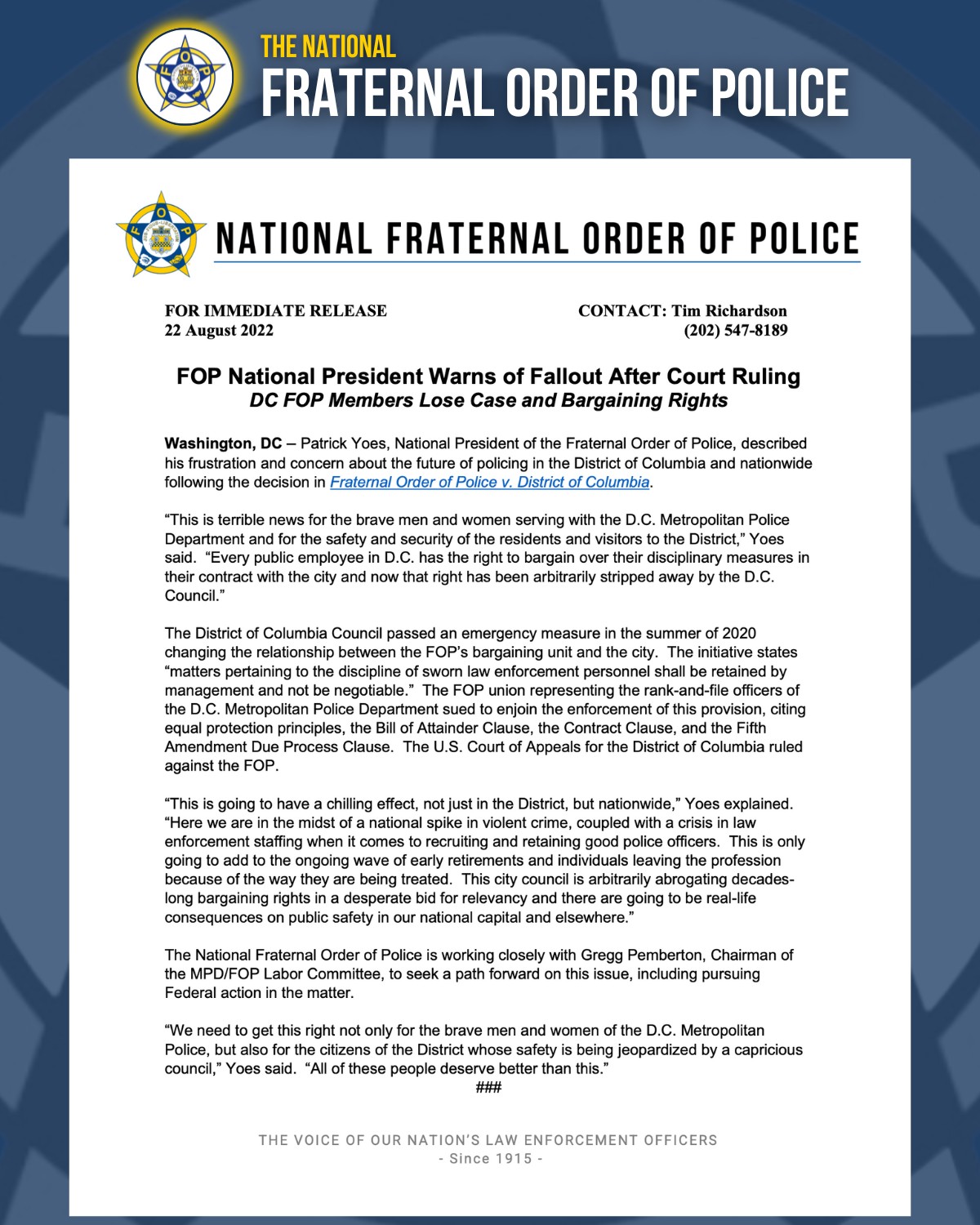 National Fraternal Order of Police (FOP) on Twitter: "🚨 FOP National President Warns of Fallout ...