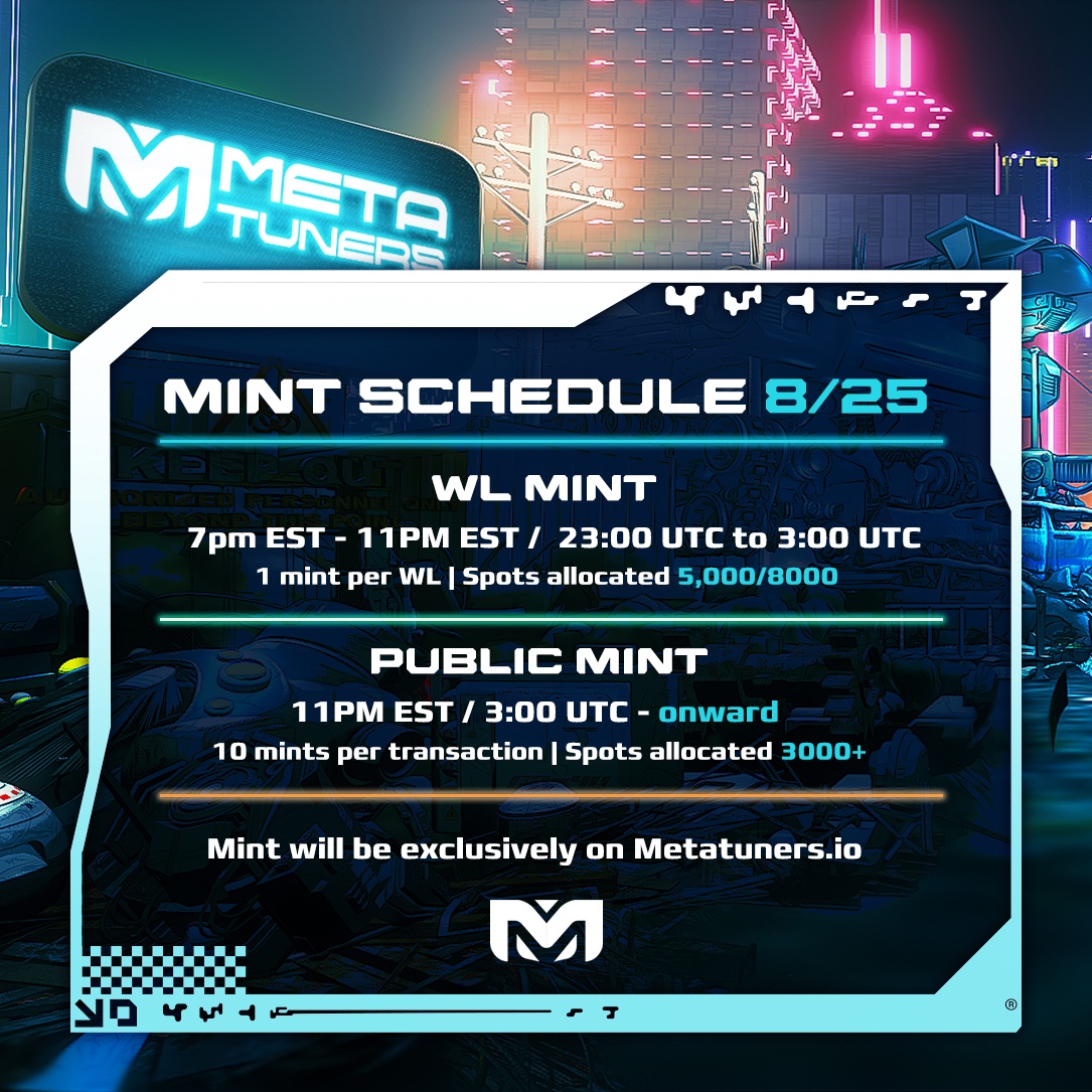 Meta Tuners on Twitter: "🏁24 HOURS TO MINT!! 🏁 - - - WL MINT - - - - 1 Mint per WL - 5000/8000 🏁 ...