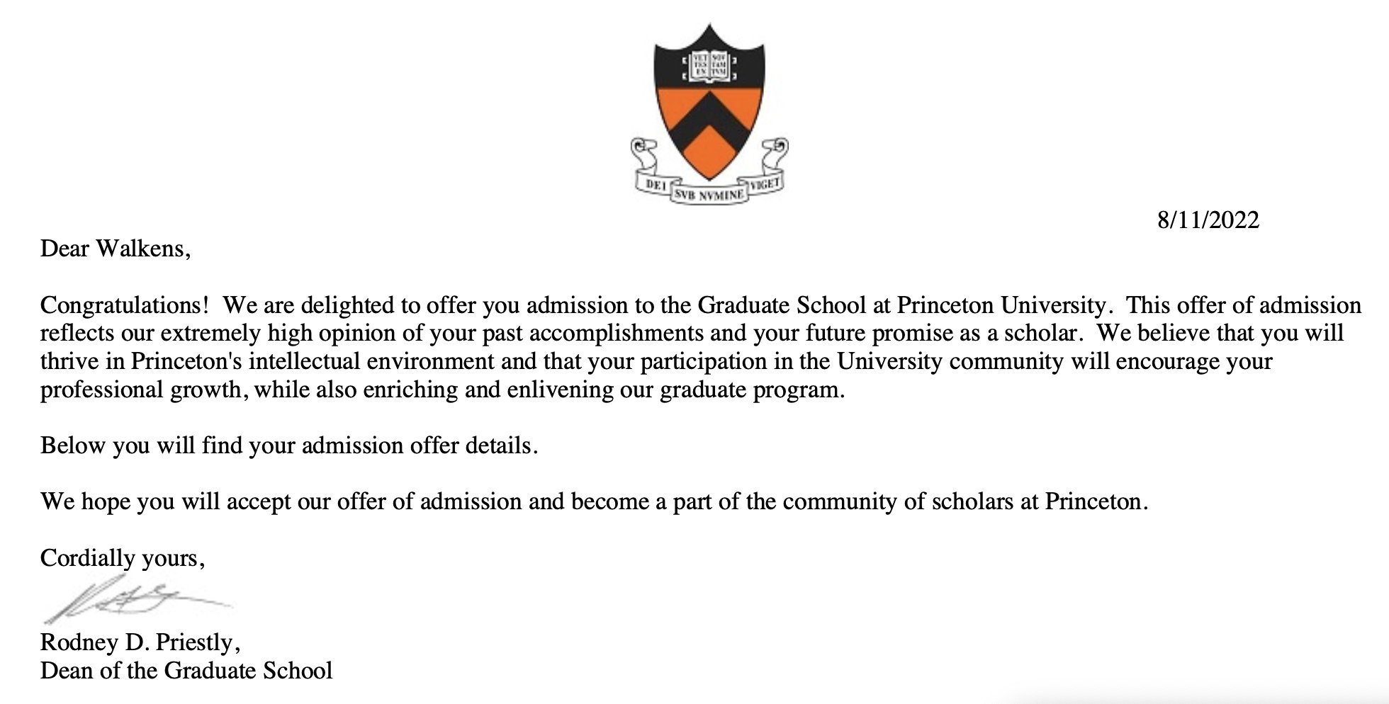 Princeton Acceptance Letter 2022