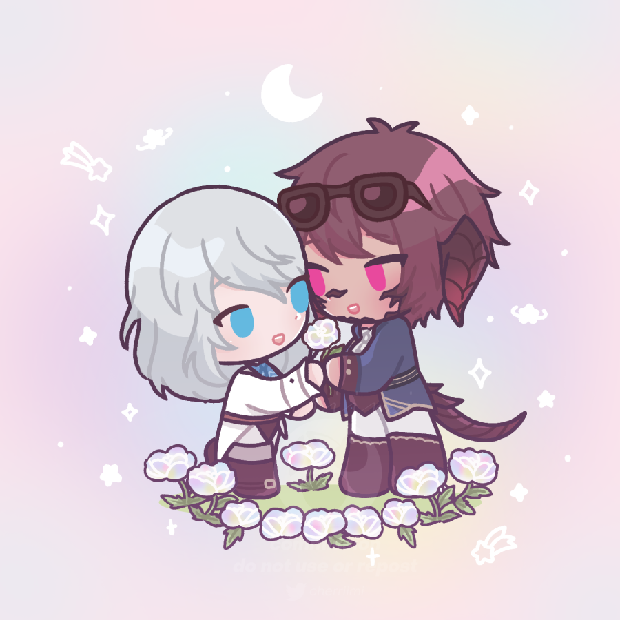 flower chibi blue eyes multiple boys au ra 2boys holding flower ...
