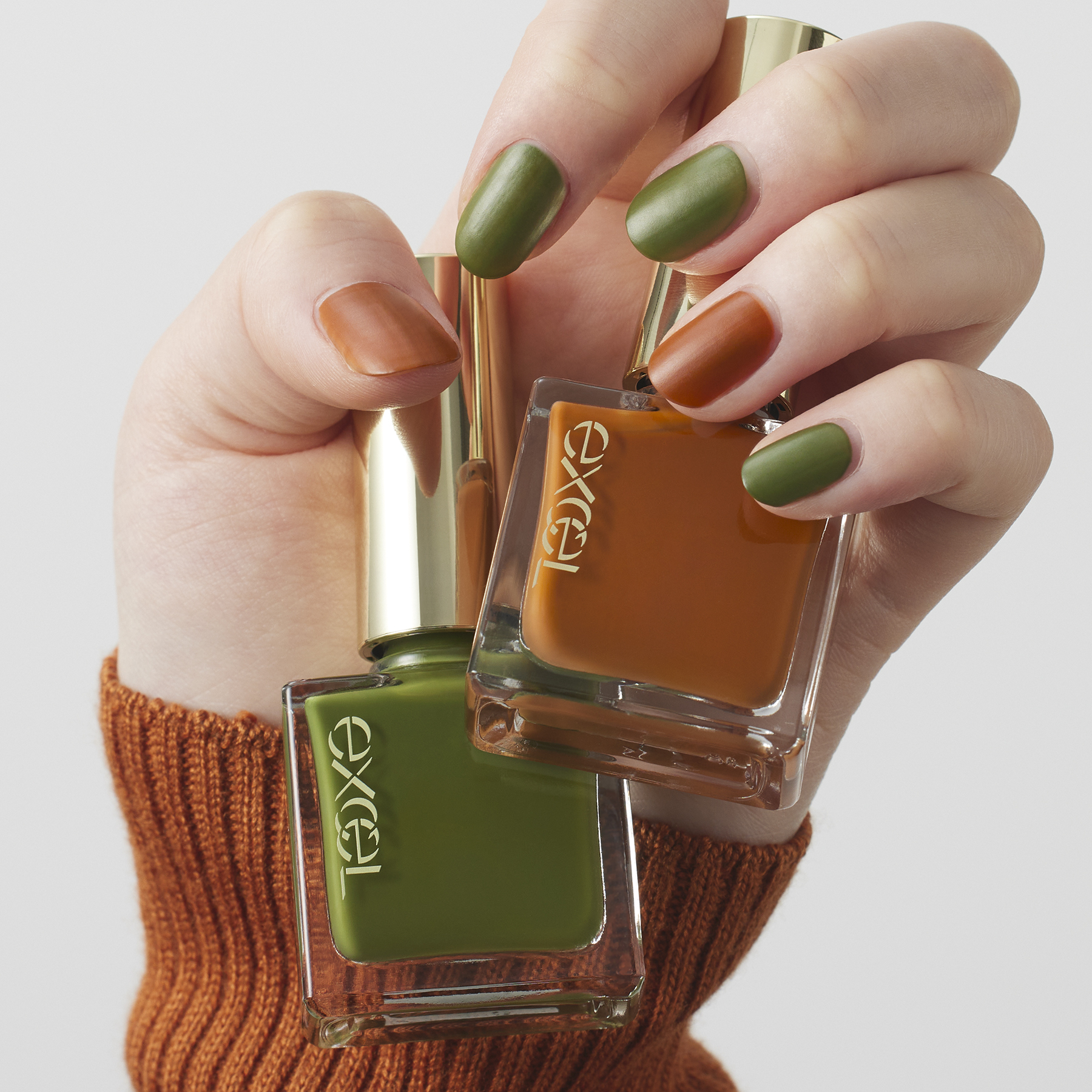 excelmake on Twitter: "〈excel AUTUMN NAIL COLLECTION〉 - PATTERN 1 - エッジの効いたグリーンカラーと、温かなくすみオレンジの ...