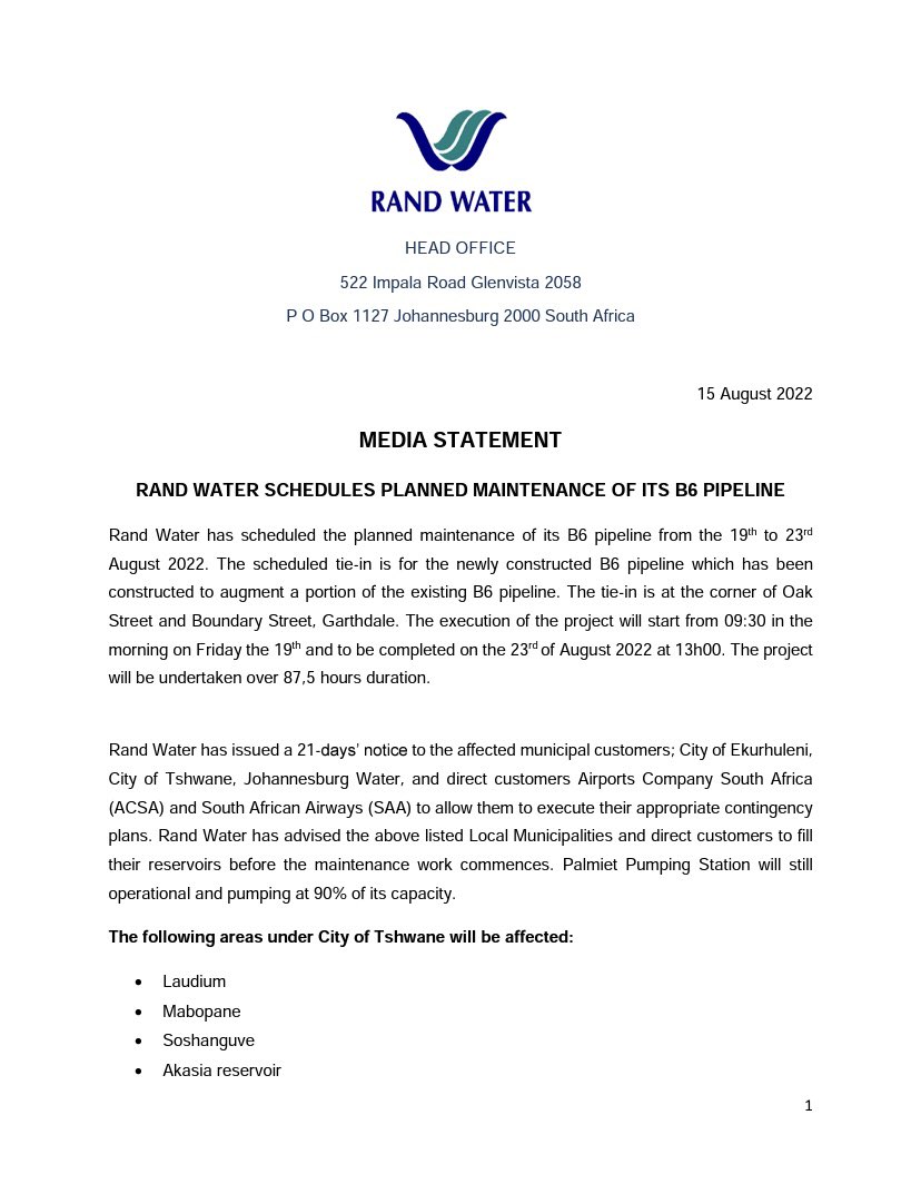 CITY OF EKURHULENI on Twitter: "RT @Rand_Water: 🚨WATER UPDATE🚨 Rand Water has scheduled the ...