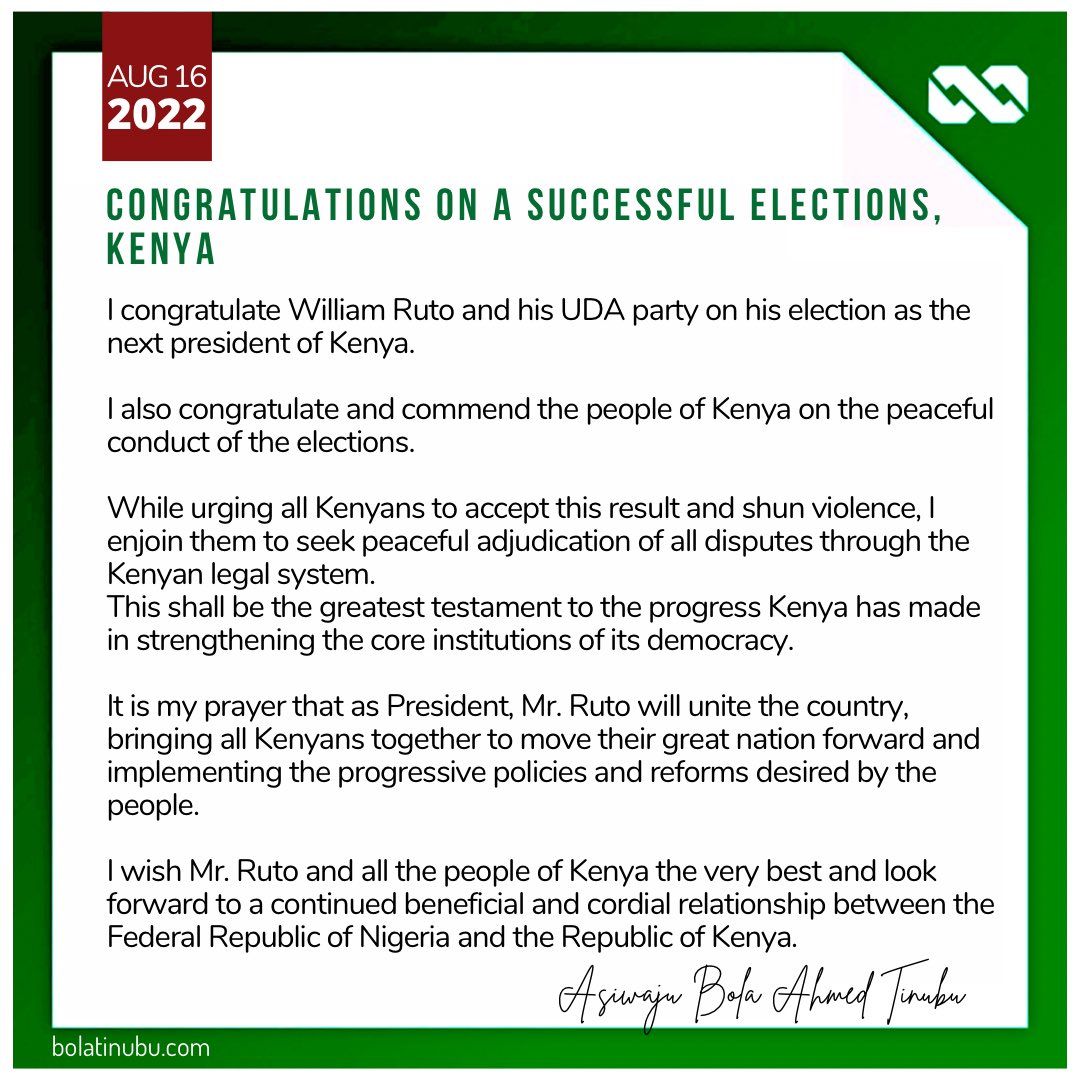 I congratulate William Ruto and his UDA party on his election as the ...