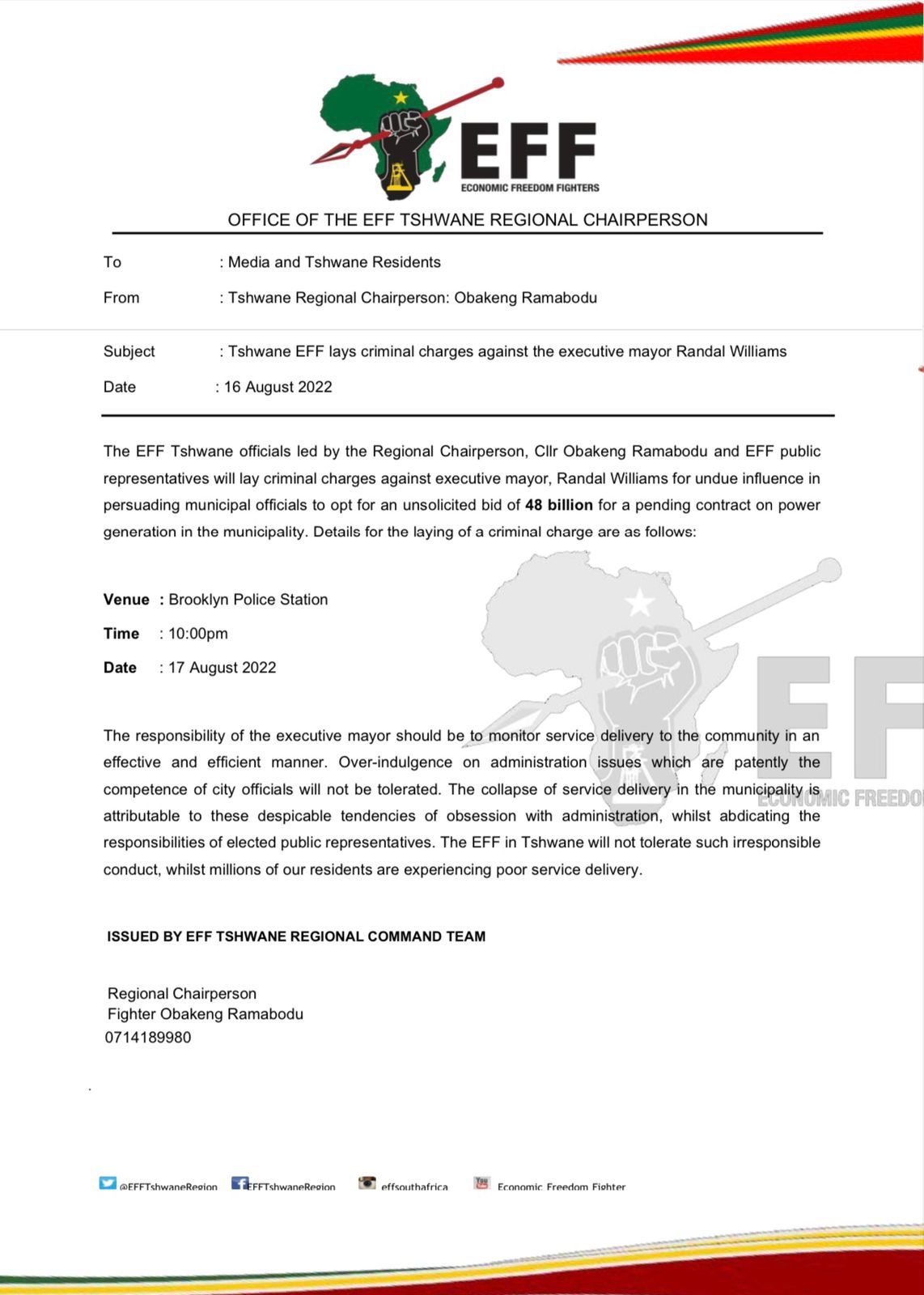 EFF Tshwane Region on Twitter: "The EFF Tshwane officials led by the Regional Chairperson, Cllr ...