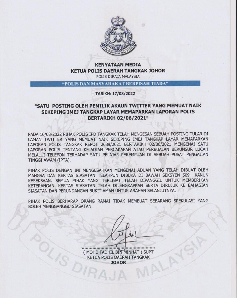 Polis Diraja M'sia on Twitter: "ISU TULAR: KENYATAAN MEDIA KETUA POLIS DAERAH TANGKAK Satu ...