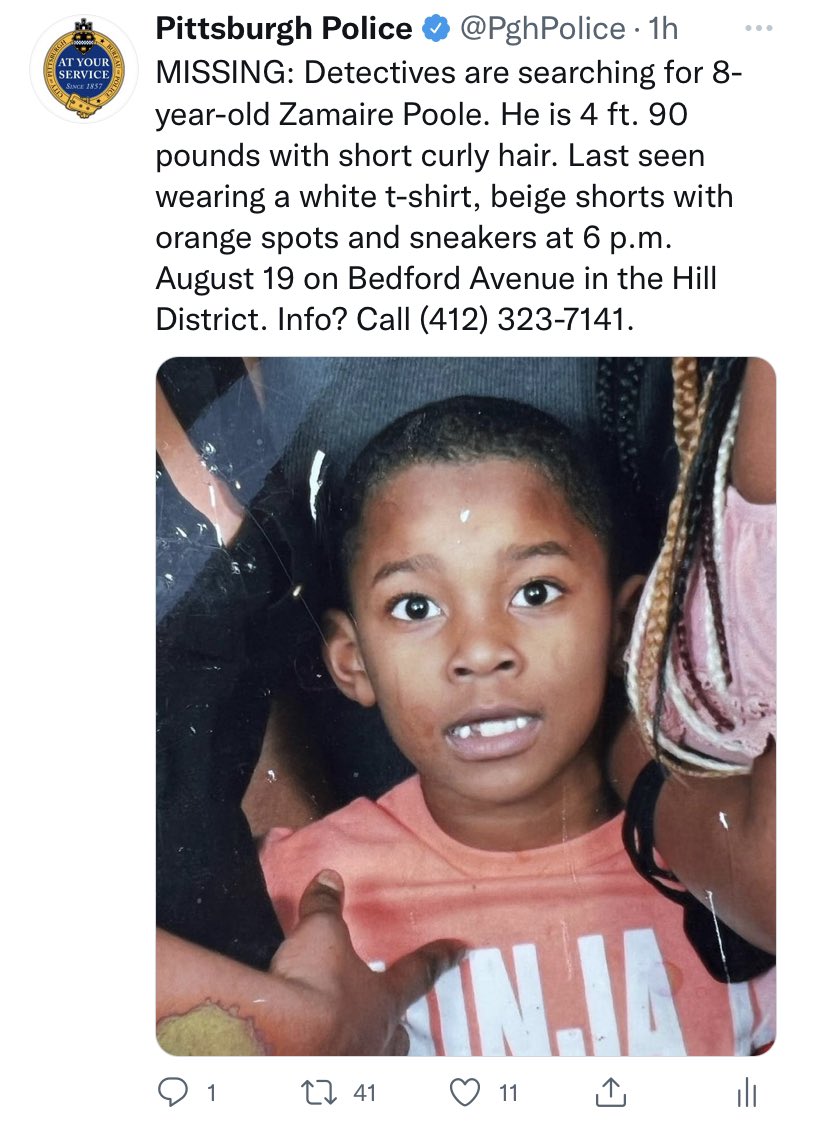 Pittsburgh Public Safety on Twitter: "RT @PghPolice: UPDATE: Zamaire has been found safe. PBP ...