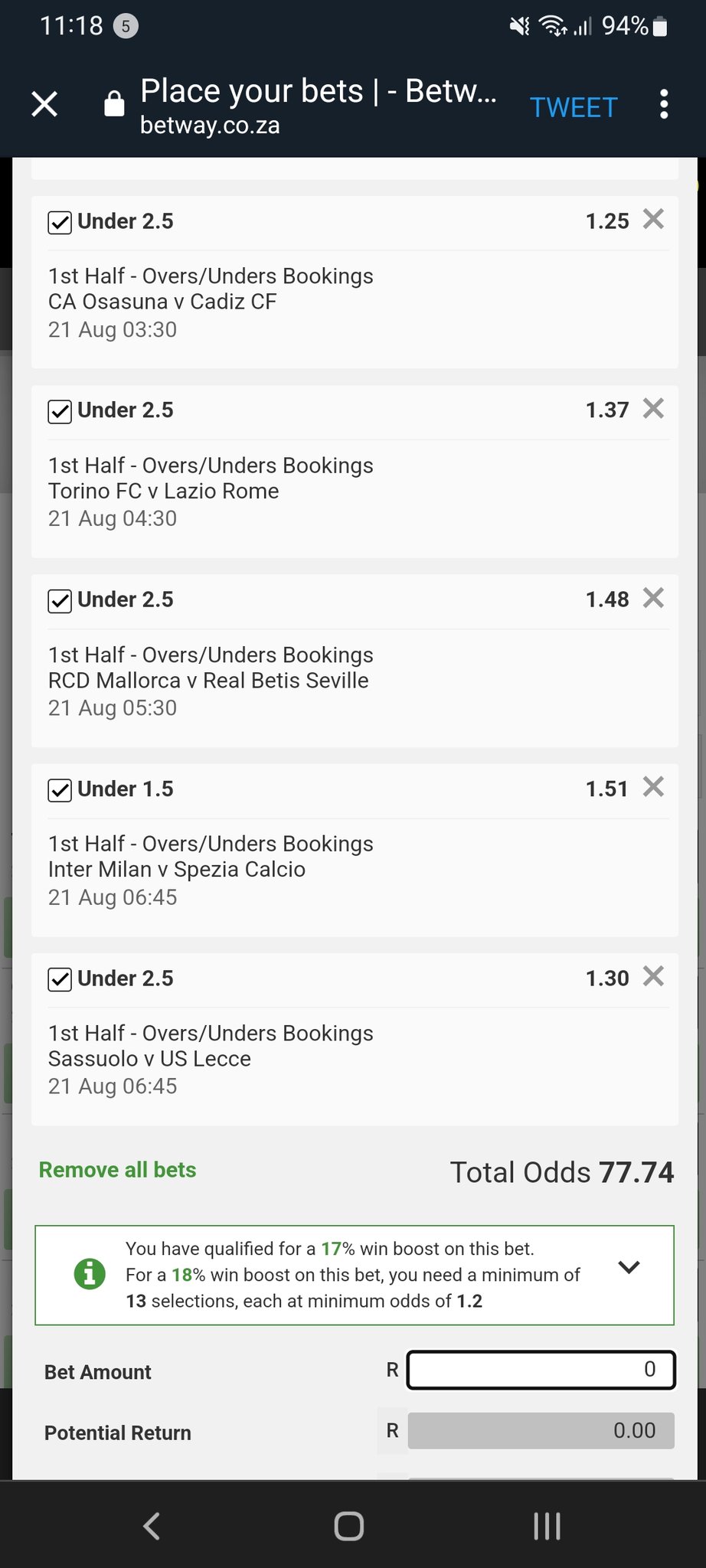 THULANI on Twitter: "I just placed a bet with Betway. Tap here to copy my bet or search for this ...