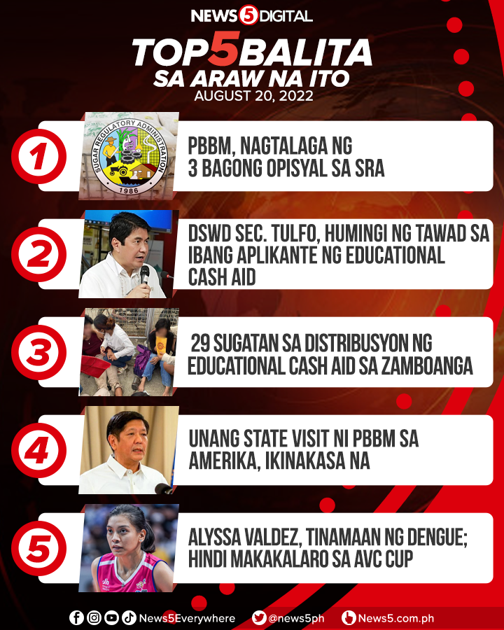 News5 on Twitter: "Narito ang #Top5Balita sa araw na ito, August 20, 2022 • Matatandaang naging ...