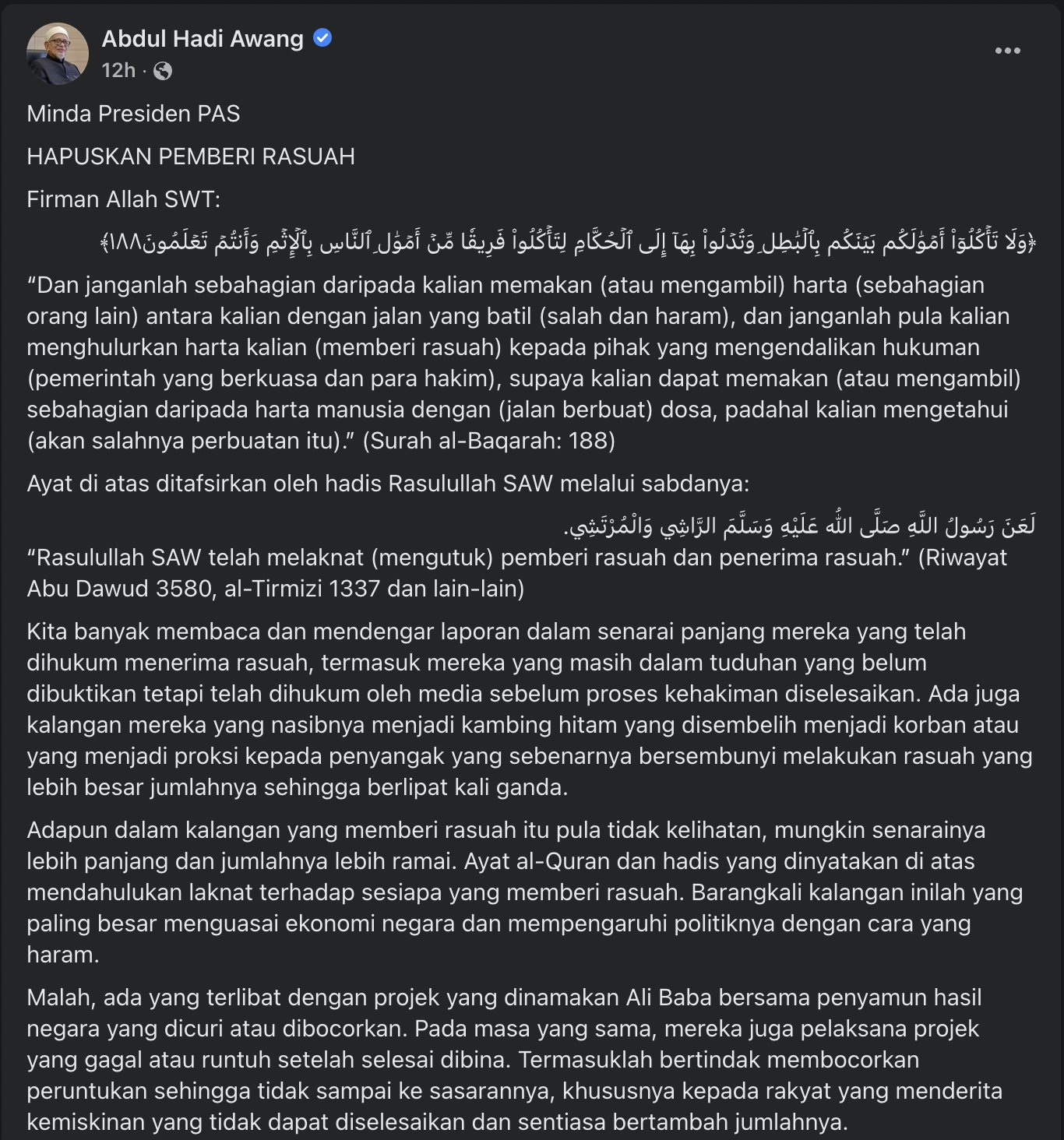 Erna Mahyuni.ringgit on Twitter: "Yes, Hadi did claim that most of the bribe givers are bumis ...
