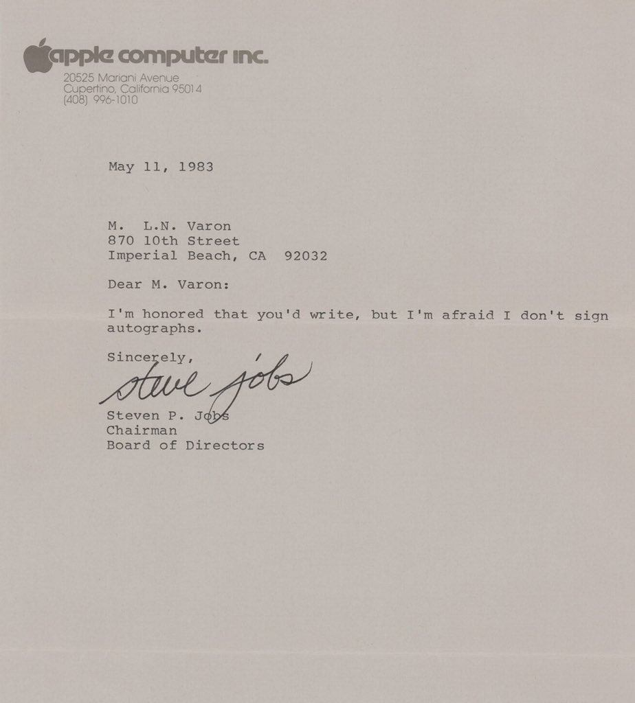 Jon Erlichman on Twitter: "In 1983, Steve Jobs typed this reply to a letter asking for his ...