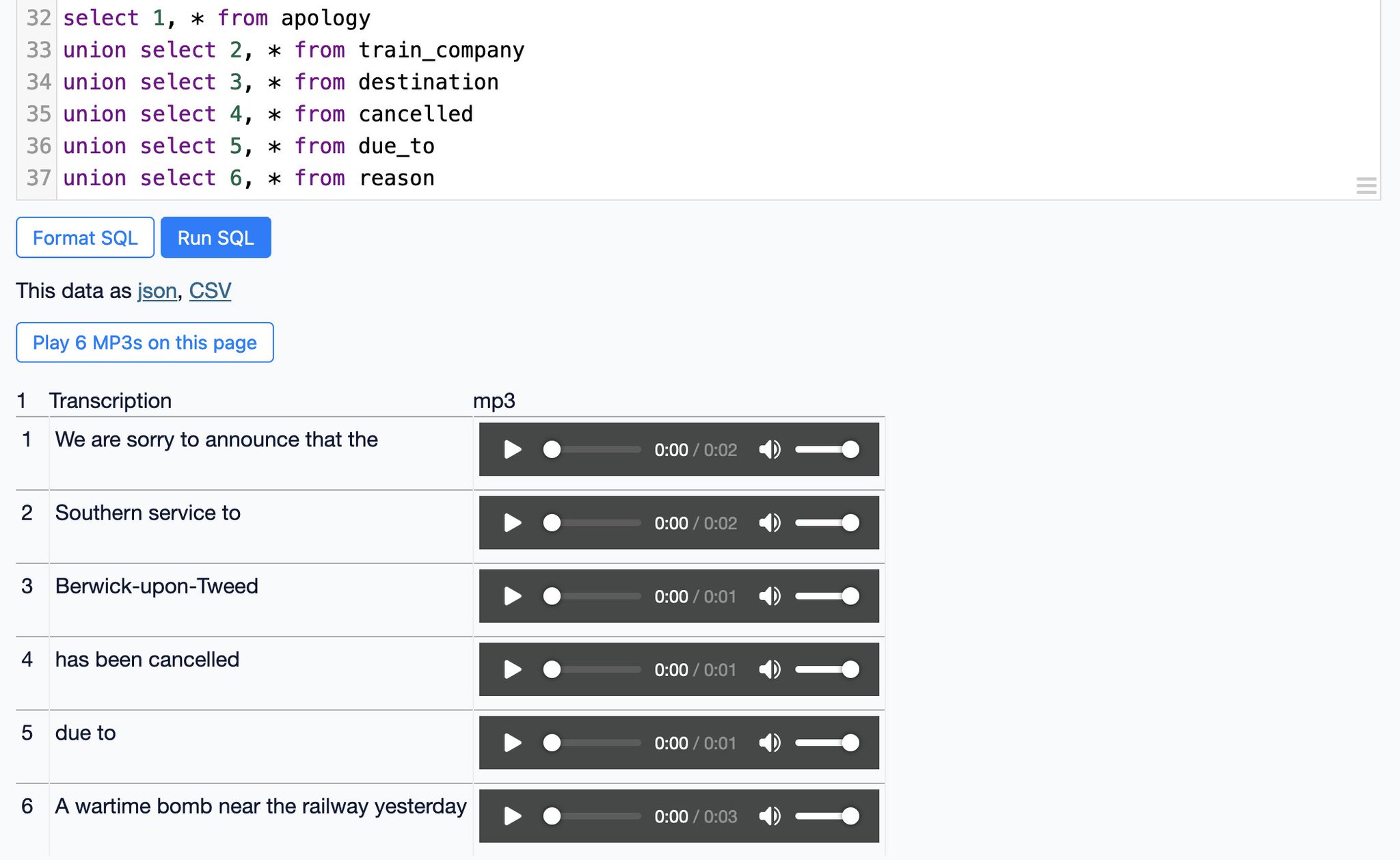Simon Willison on Twitter: "Or how about train cancellation mad libs? Here's a SQL query which ...