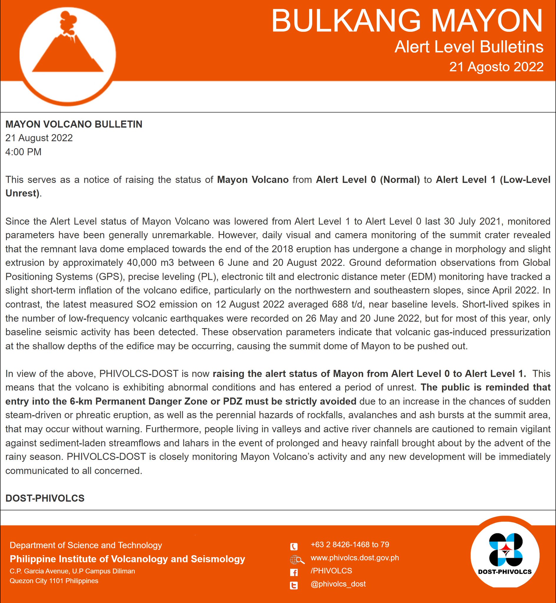 PHIVOLCS-DOST on Twitter: "MAYON VOLCANO BULLETIN 21 August 2022 4:00 PM This serves as a notice ...