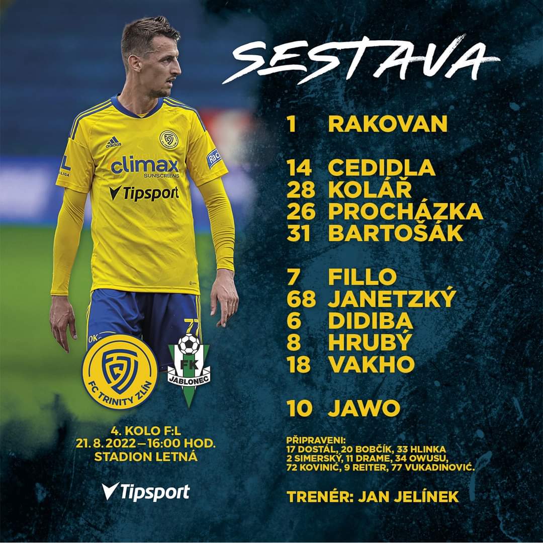 FC TRINITY Zlín on Twitter: "📜 SESTAVA | Do utkání s Jabloncem nastoupíme v této sestavě! Do ...
