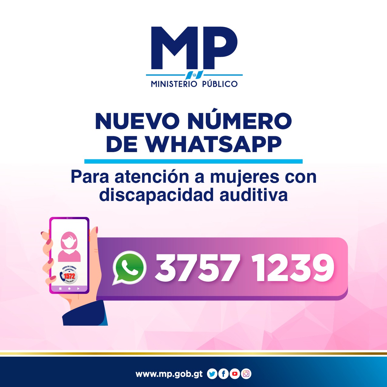 MP de Guatemala on Twitter: "📢 Nuevo número de 𝐖𝐡𝐚𝐭𝐬𝐀𝐩𝐩 para atención a mujeres con discapacidad ...