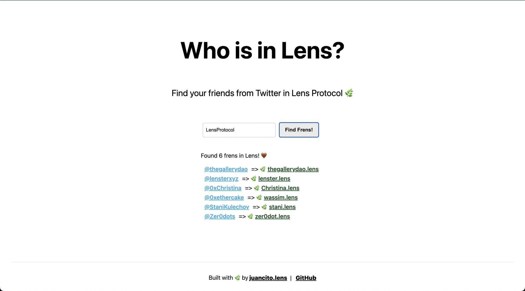 juancito.eth | .lens 🎹 🇦🇷 on Twitter: "Who is in Lens? 🌿 I've created a website to find your ...