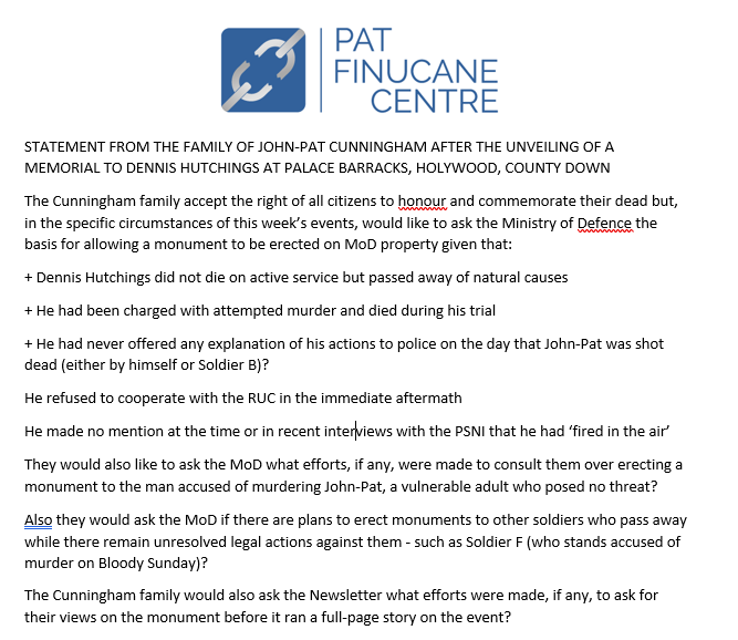 Pat Finucane Centre on Twitter: "STATEMENT FROM THE FAMILY OF JOHN-PAT CUNNINGHAM AFTER THE ...