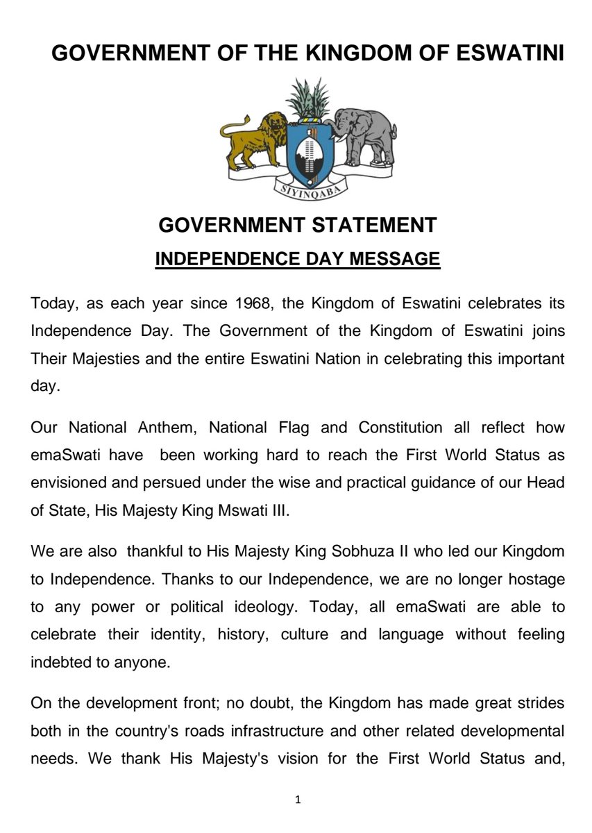 Eswatini Government on Twitter: "Government Statement: Government Statement on Independence Day."