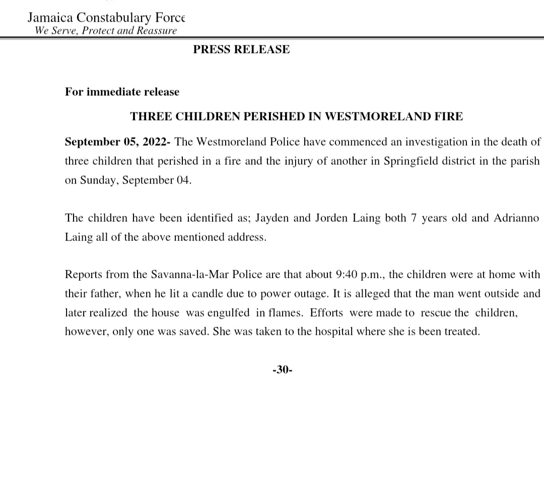 Abka Fitz-Henley on Twitter: "Probe underway after 3 children died in a fire in Westmoreland ...