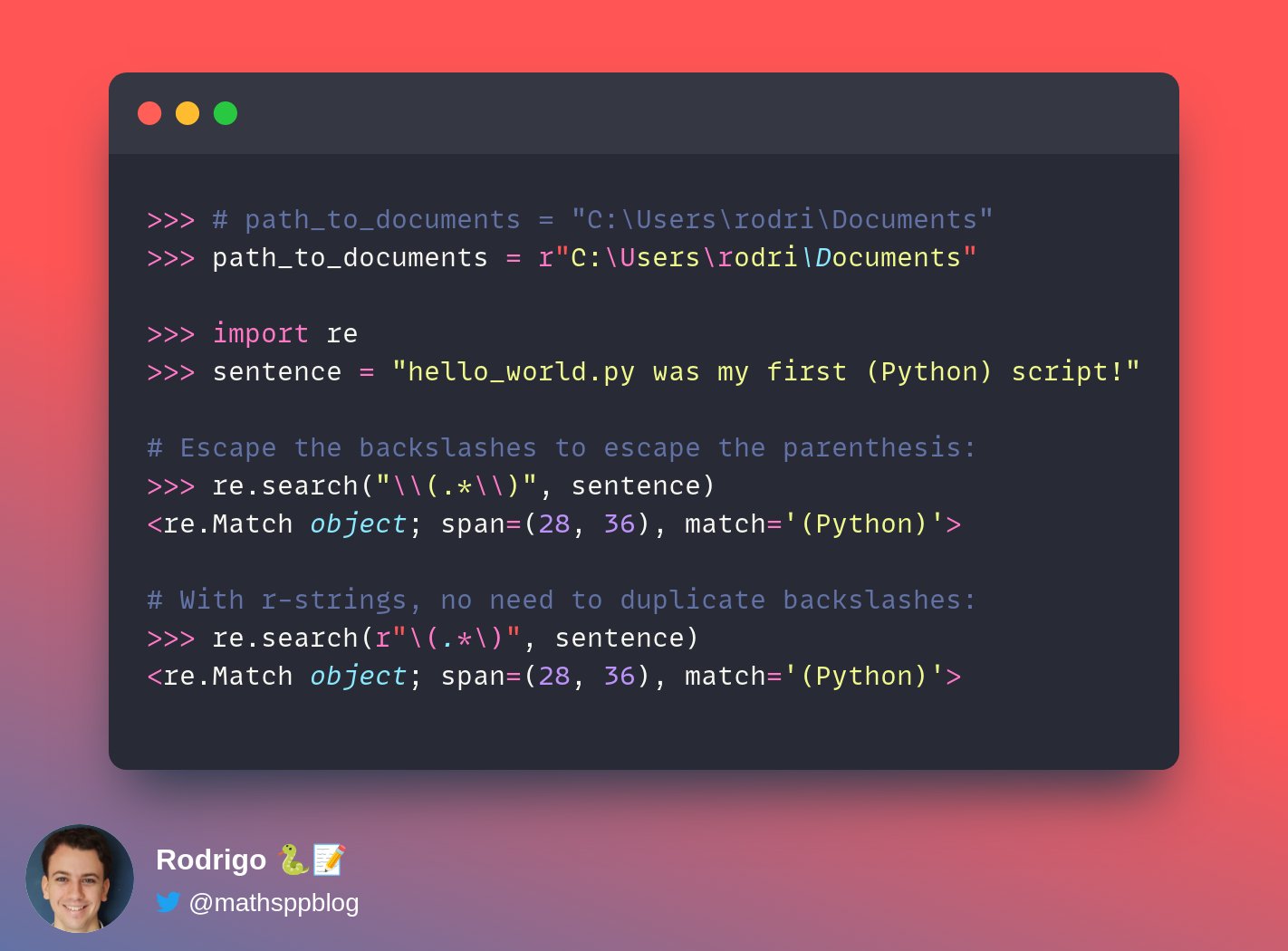 Rodrigo 🐍📝 on Twitter: "Python 🐍 has the infamous “f-strings”. But did you know of “r-strings ...