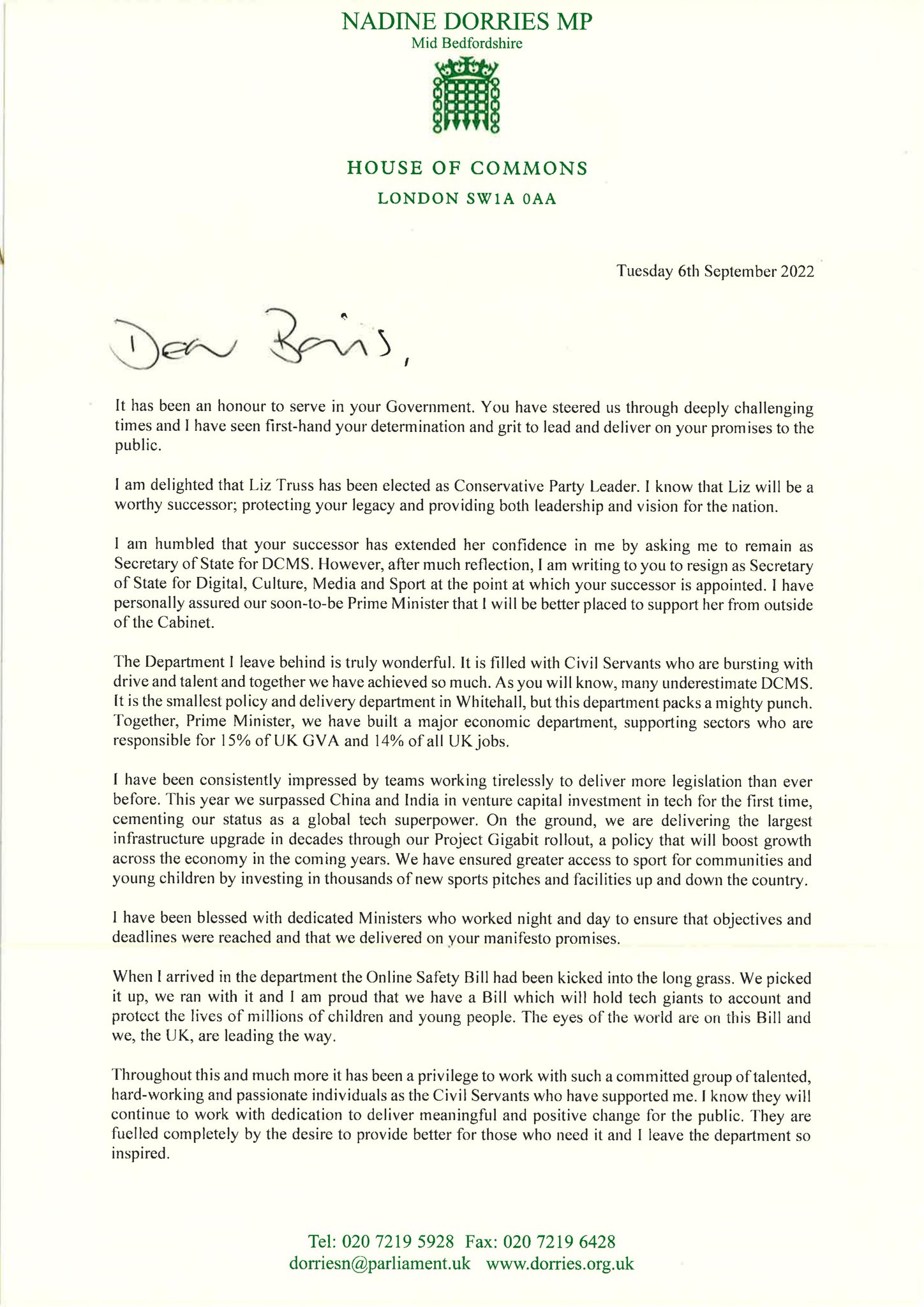 Rt Hon Nadine Dorries on Twitter: "I have submitted my letter of resignation to the outgoing ...