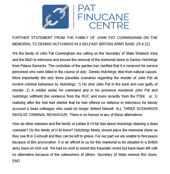 Pat Finucane Centre on Twitter: "Further statement from family of John Pat Cunningham regarding ...