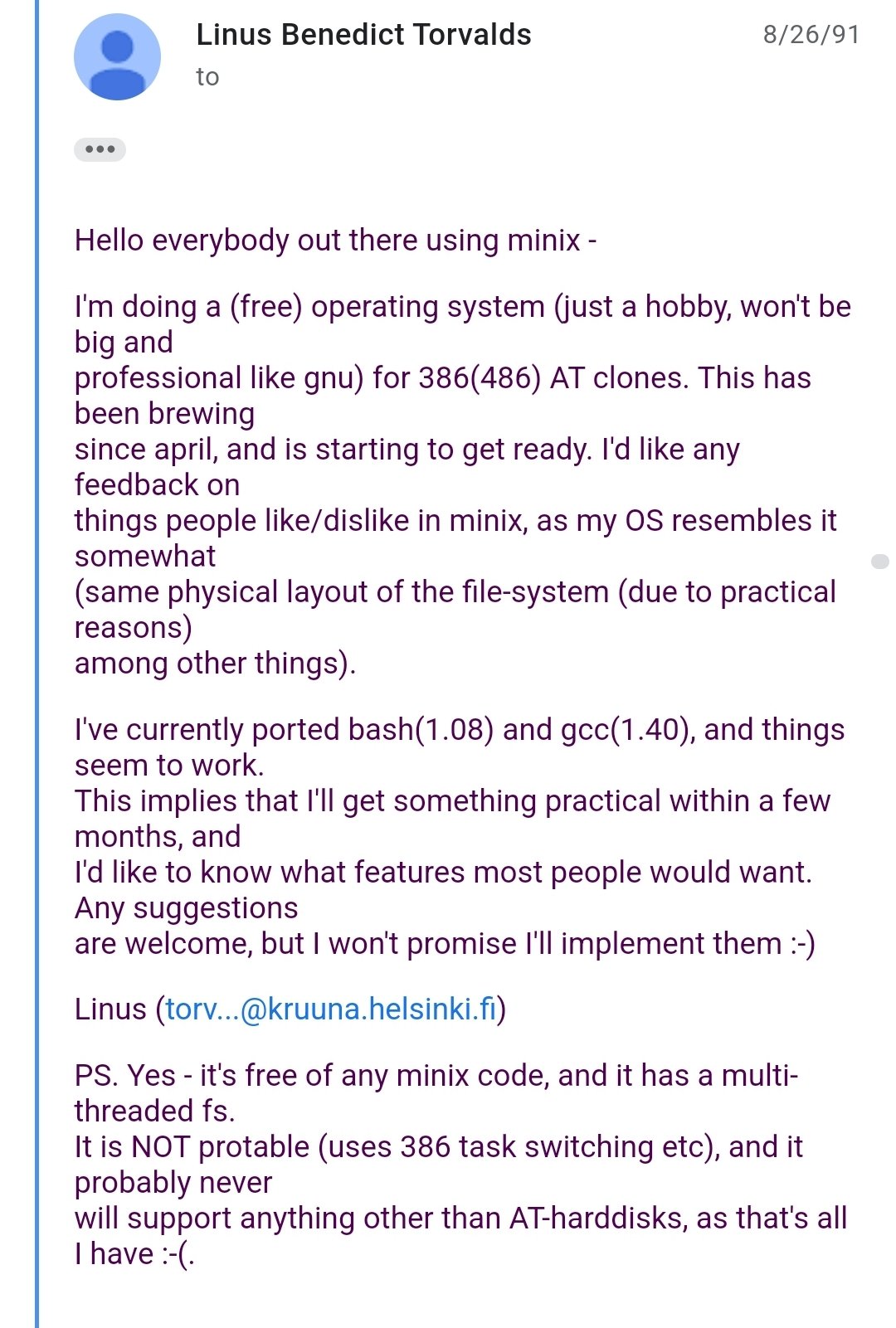 Linux Handbook On Twitter 31 Years Ago Linus Torvalds Sent This Mail Announcing The Linux