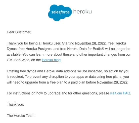 Kelly Vaughn on Twitter: "Heroku no longer offering a free plan is an extremely disappointing ...