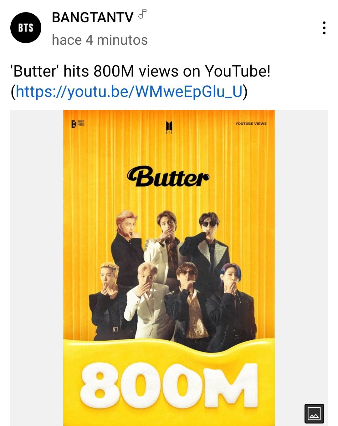 BTS Charts Daily ⁷ on Twitter: "[BANGTANTV] Community Post 'Butter' hits 800M views on YouTube ...