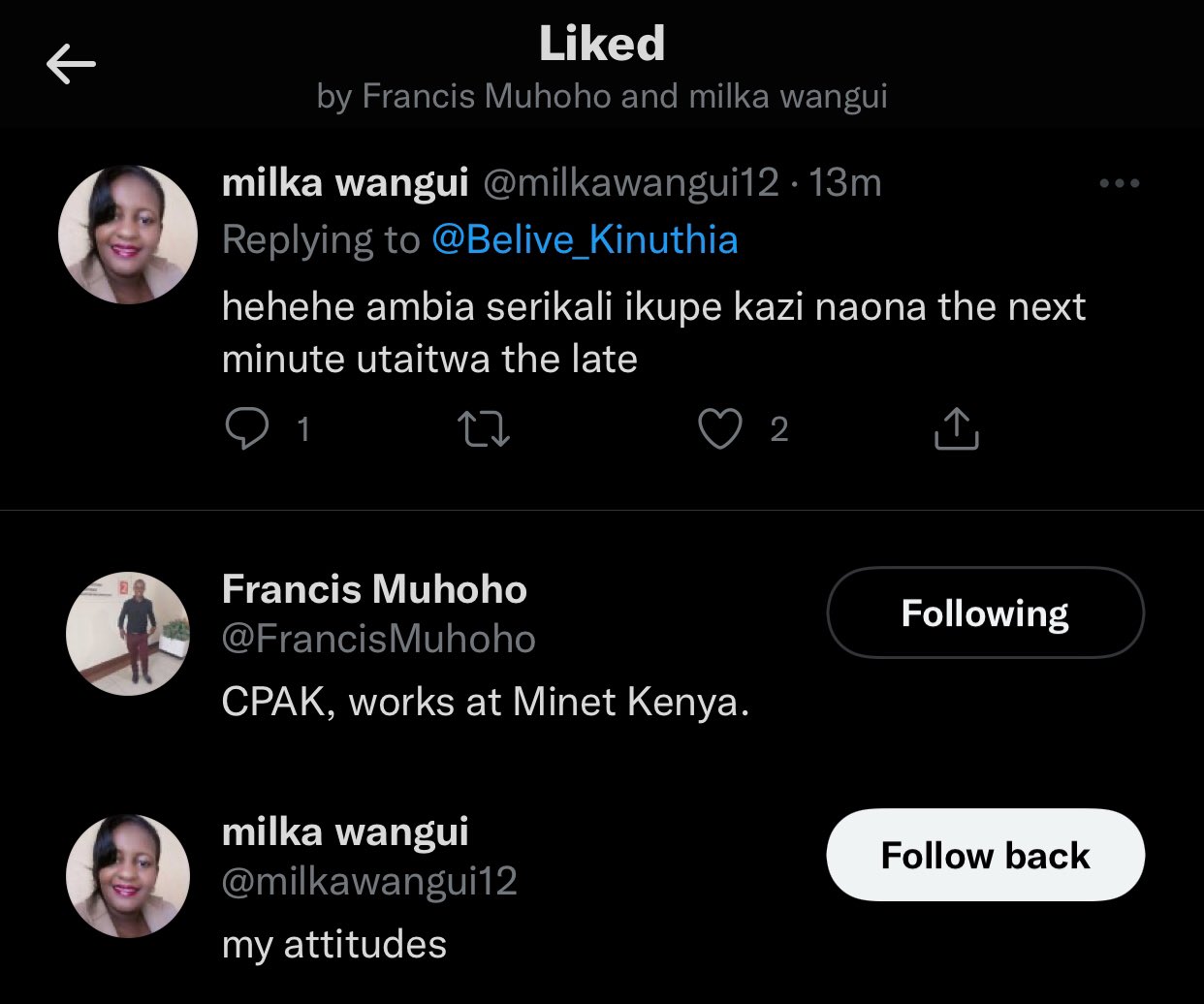 Mr. Kinuthia Pius. on Twitter: "This lady, probably working for them has WARNED ME that NEXT ...