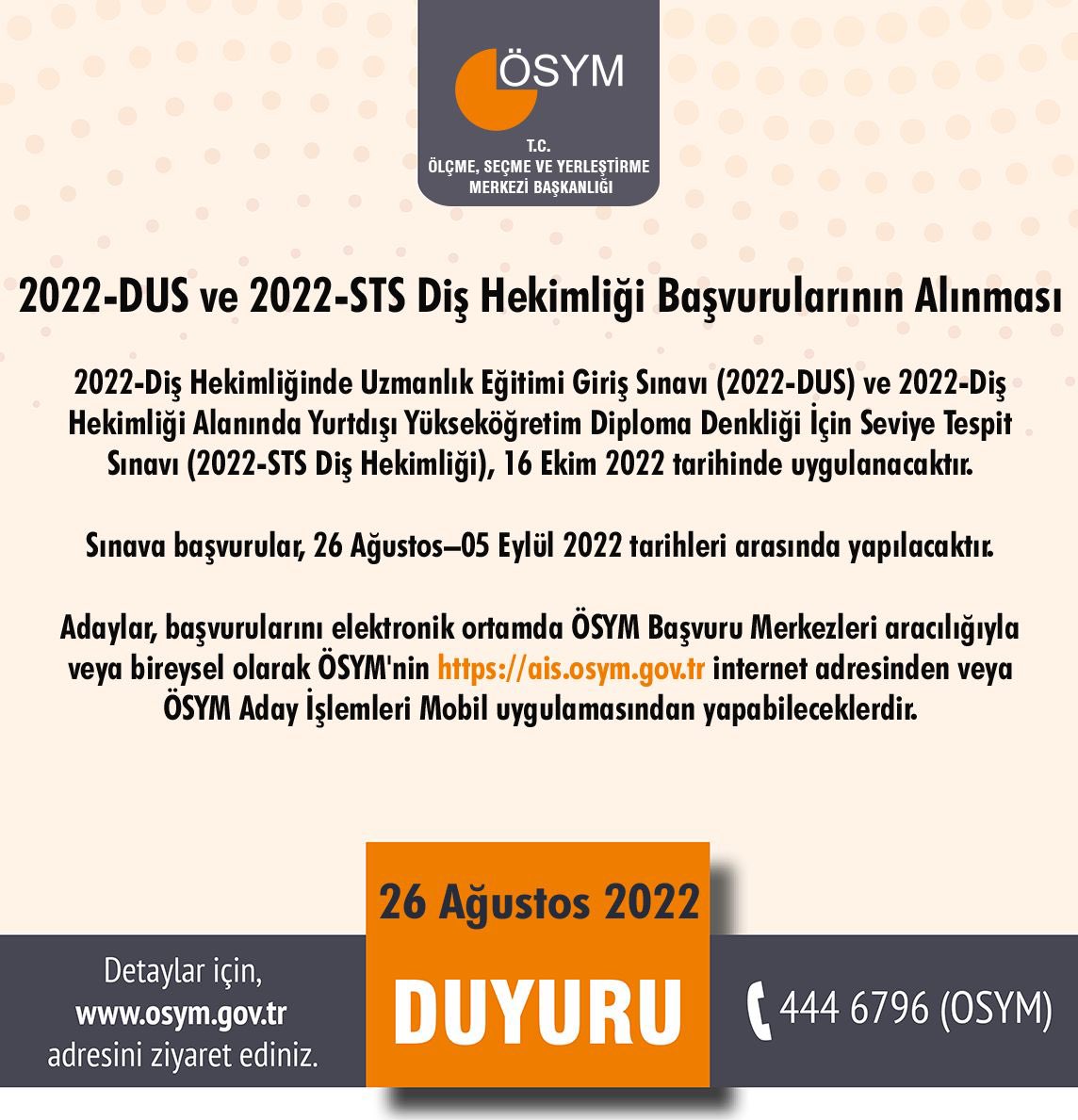 ÖSYM on Twitter: "2022-DUS ve 2022-STS Diş Hekimliği Başvurularının Alınması https://t.co ...