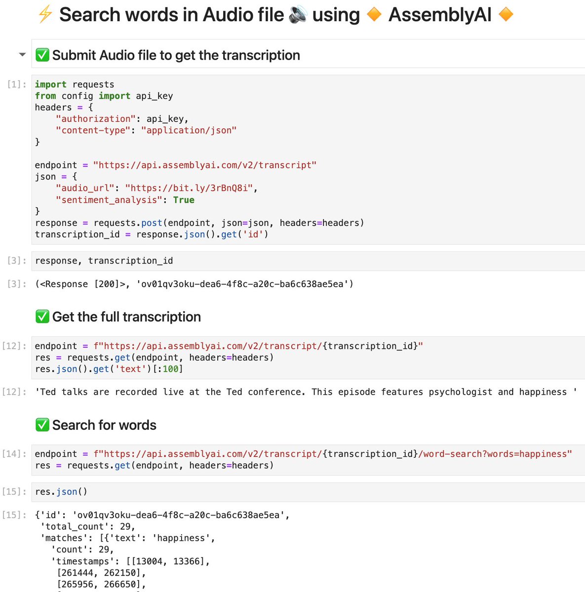 🟡 Speech to Text Tutorial ⚪️ Search words in Audio files using @AssemblyAI 🟢 Source code in the ...