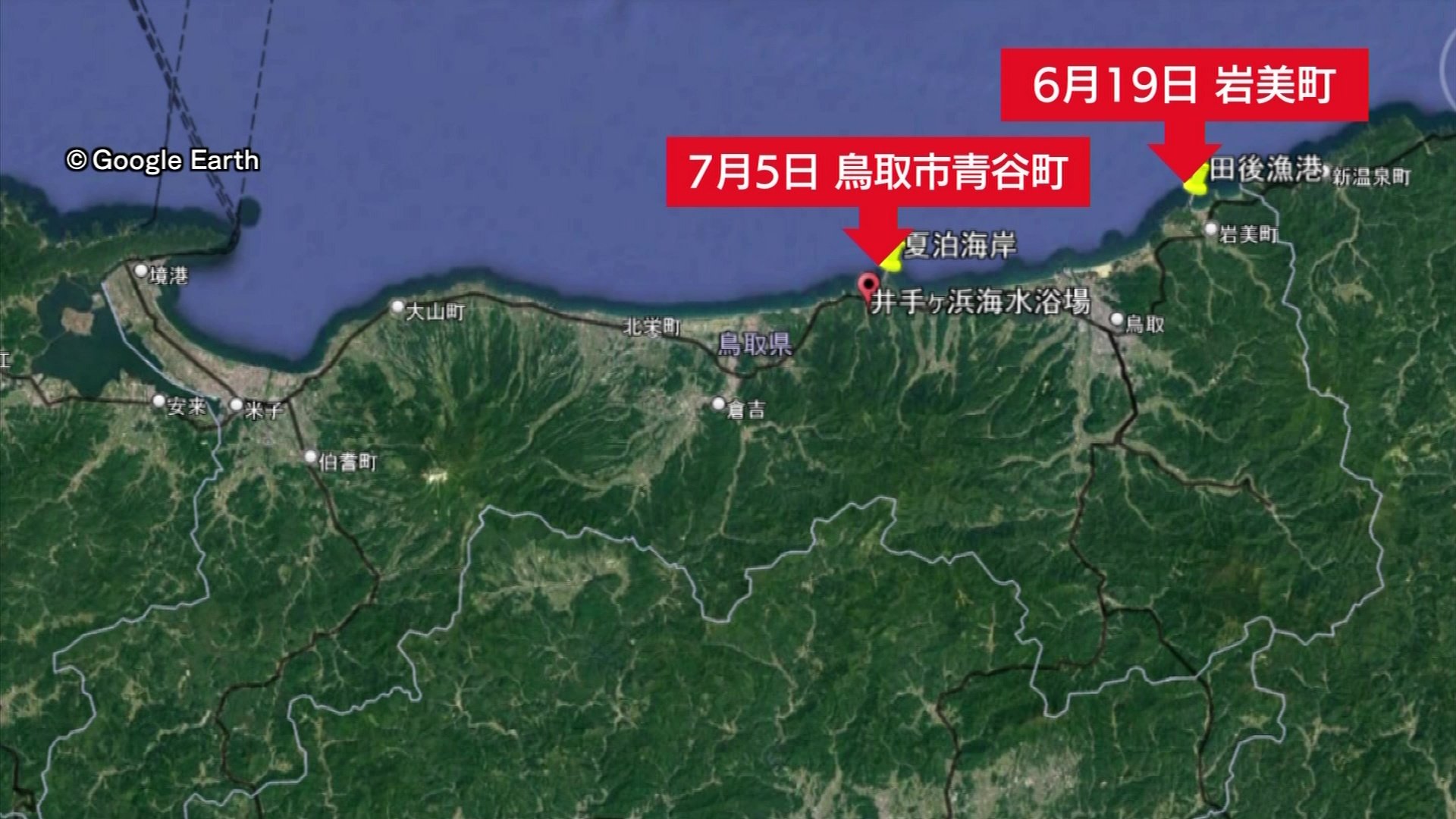 FNNプライムオンライン on Twitter: "沿岸でのマグロの目撃情報は別の日にも。6月19日には岩美町の田後沖で、さらに7月5日には鳥取市青谷町の夏泊漁港のいずれも浅瀬で目撃された ...