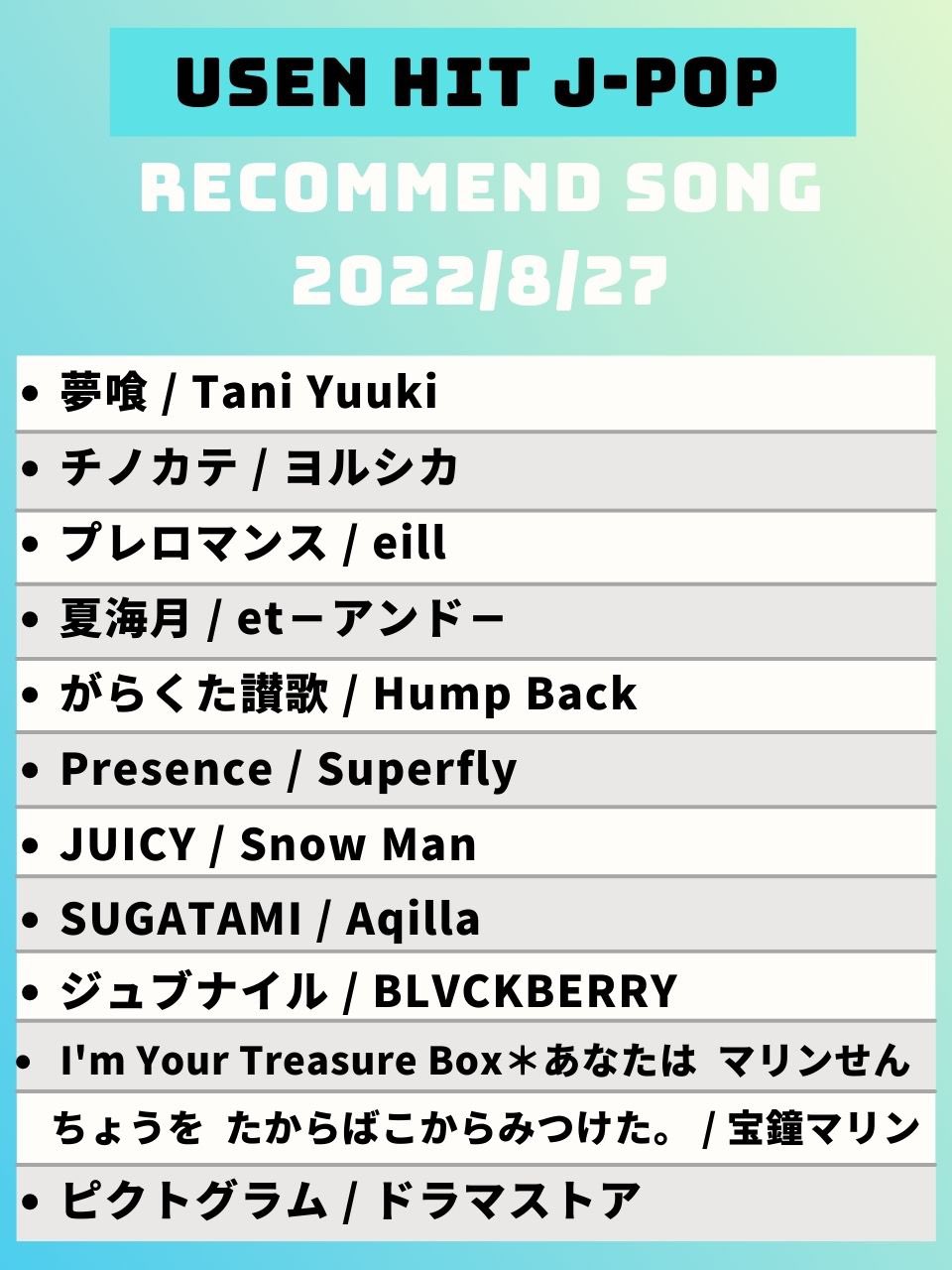 USEN HITS!（有線放送） on Twitter: "【今週のUSEN HIT J-POP注目曲】 気になるアーティストがいたらRT🥳 #TaniYuuki #ヨルシカ #eill # ...