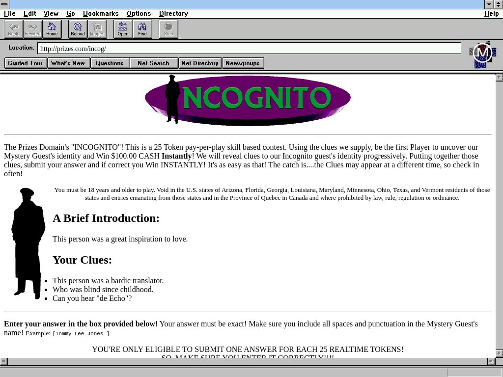 wayback_exe on Twitter: "$$$$$ Prizes Domain's - Incognito $$$$$ Feb 1997 https://web.archive ...